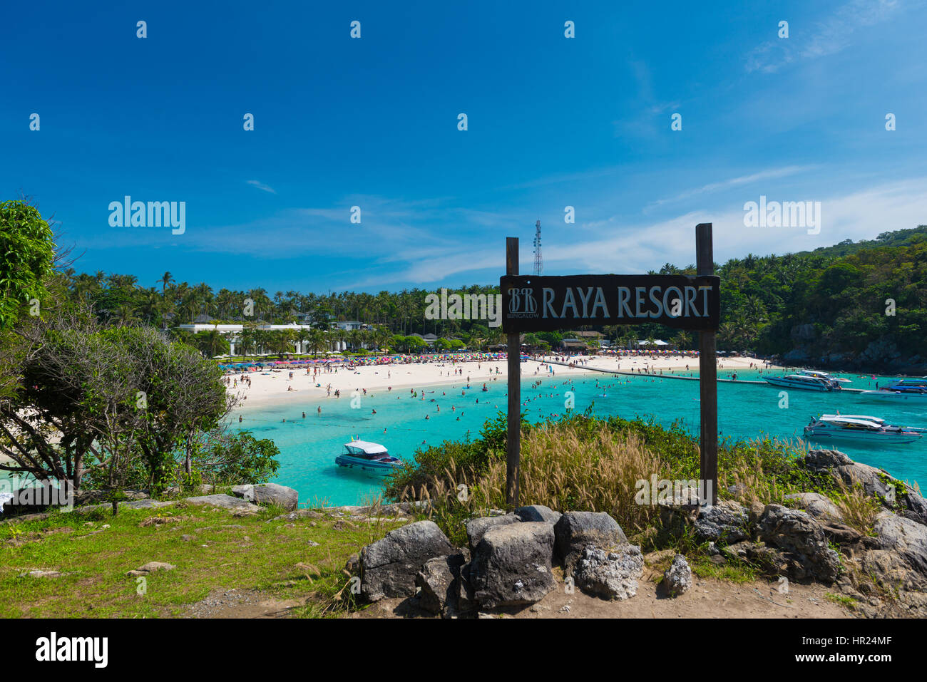 Panorama of the beach from Raya resort viewpoint, Raya island, Thailand ...