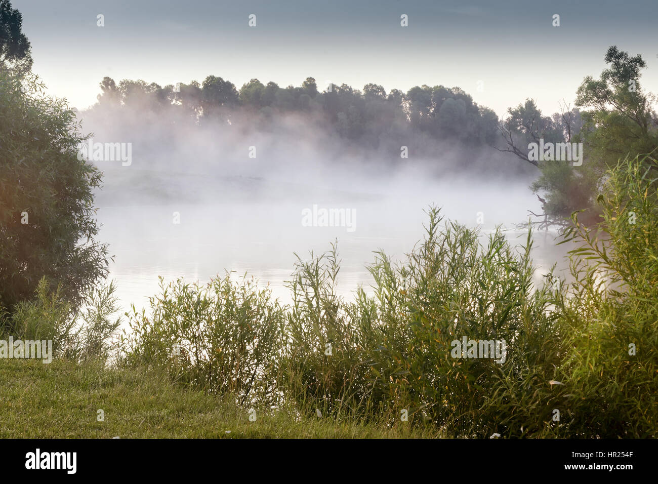 Beautiful calm river with the mist over the surface of the water at ...