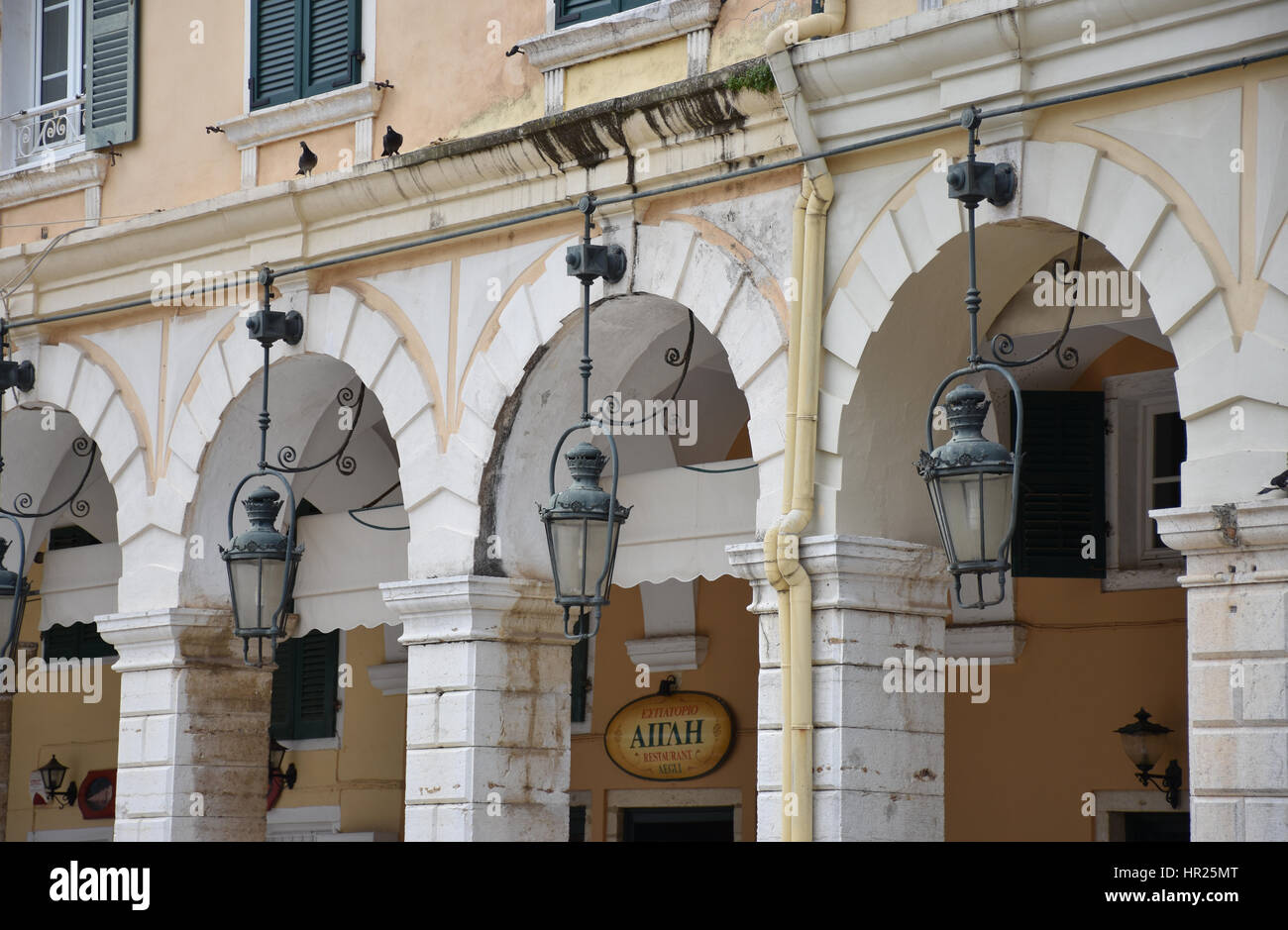 Liston Square in Corfu Greece.Lanterns outside the popular buildings of ...