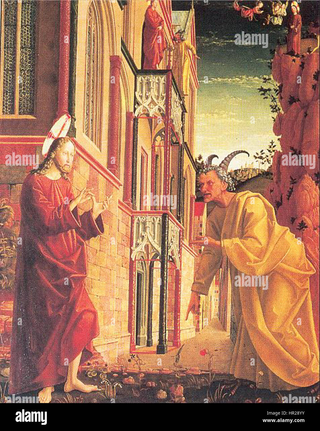 *Temptation of Christ* by Hans Pacher depicts the biblical scene of ...