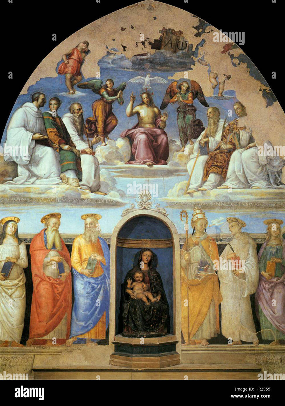 Pietro Perugino's 'Trinity and Six Saints' is an altarpiece featuring a ...