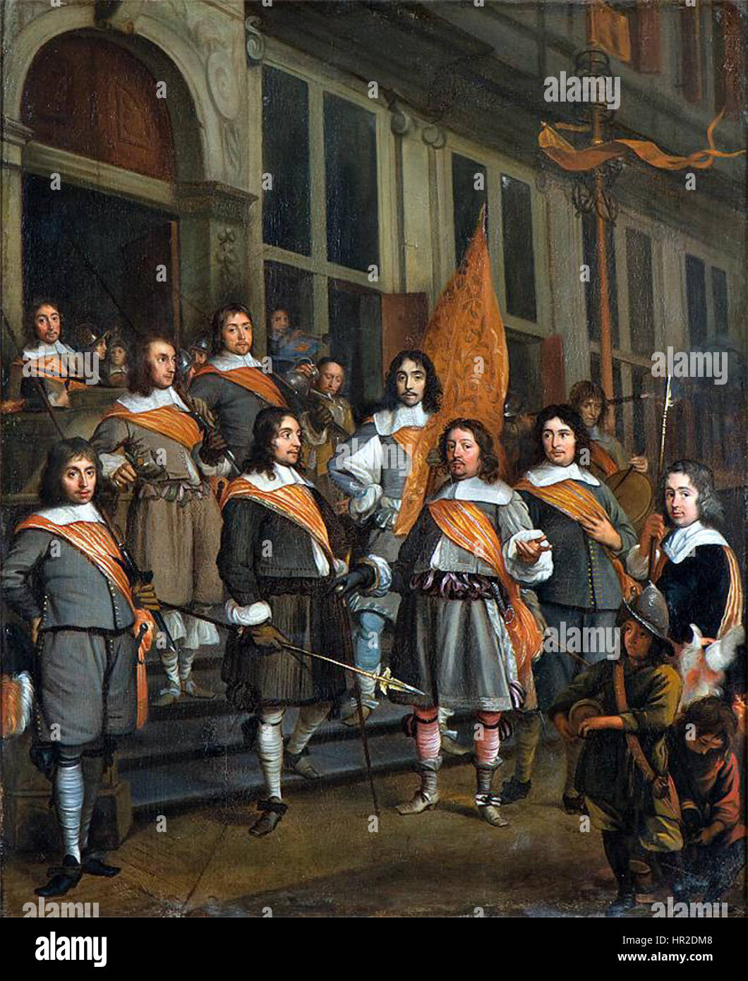 This historical painting from 1660 depicts officers and flag-bearers of ...