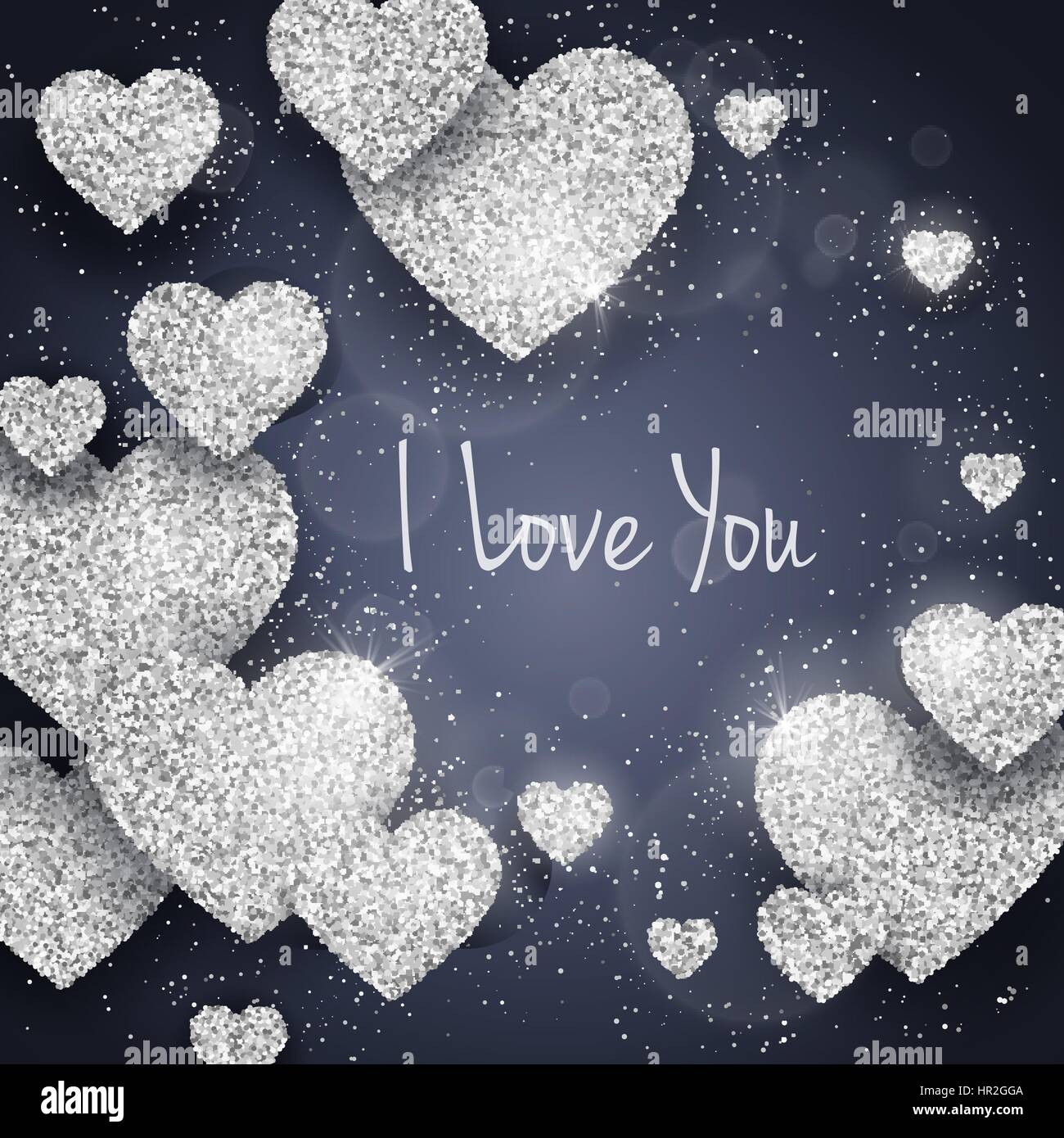 Vector Happy Valentines Day greeting card with sparkling glitter silver ...