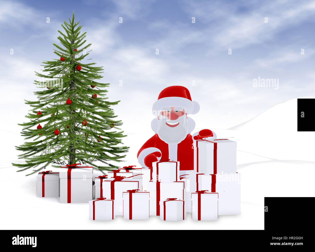 santa with gifts and a christmas tree on a white snowy landscape Stock ...