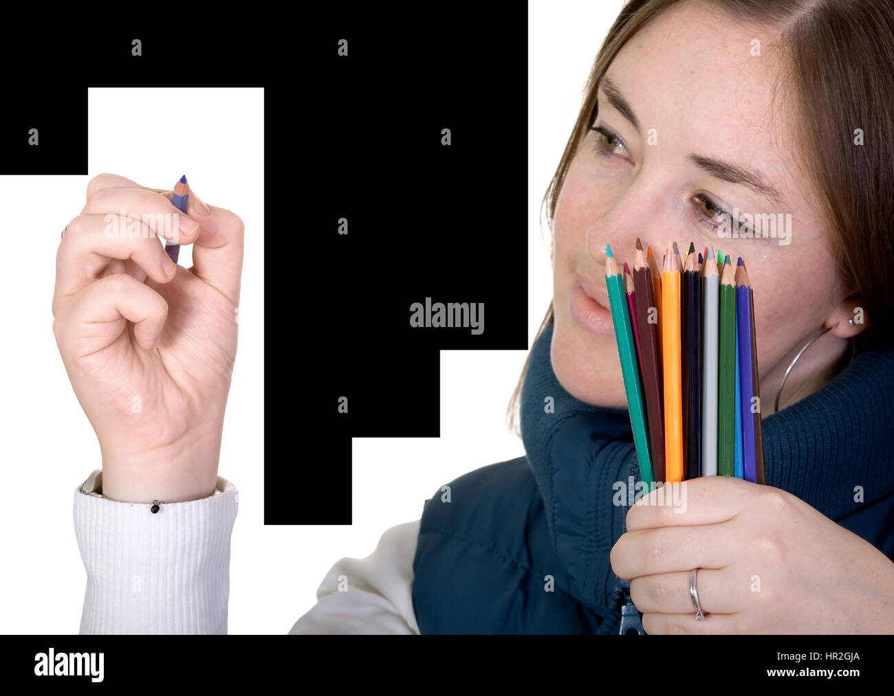 girl drawing with color pencil on screen over a white background Stock ...
