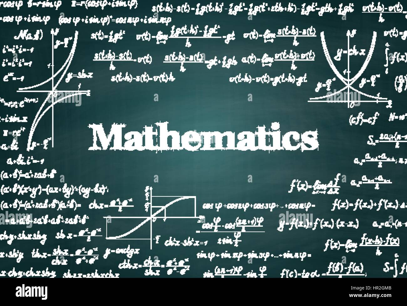 Vector mathematics green chalkboard background with different signs, figures, formulas and ...