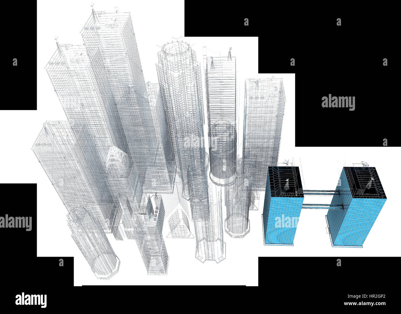 three dimensional blue print of corporate buildings with one solid ...