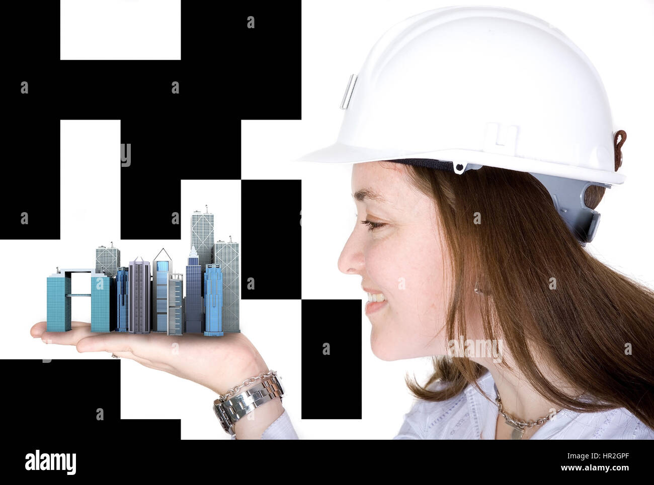 architecture project - woman holding buildings over a white background ...