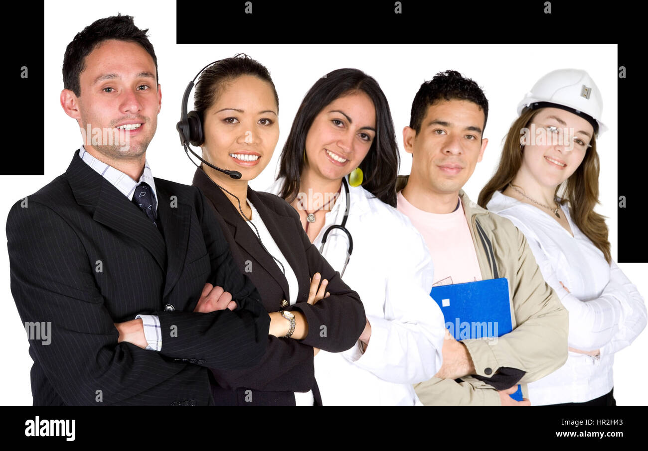 business professionals in different career paths over a white ...