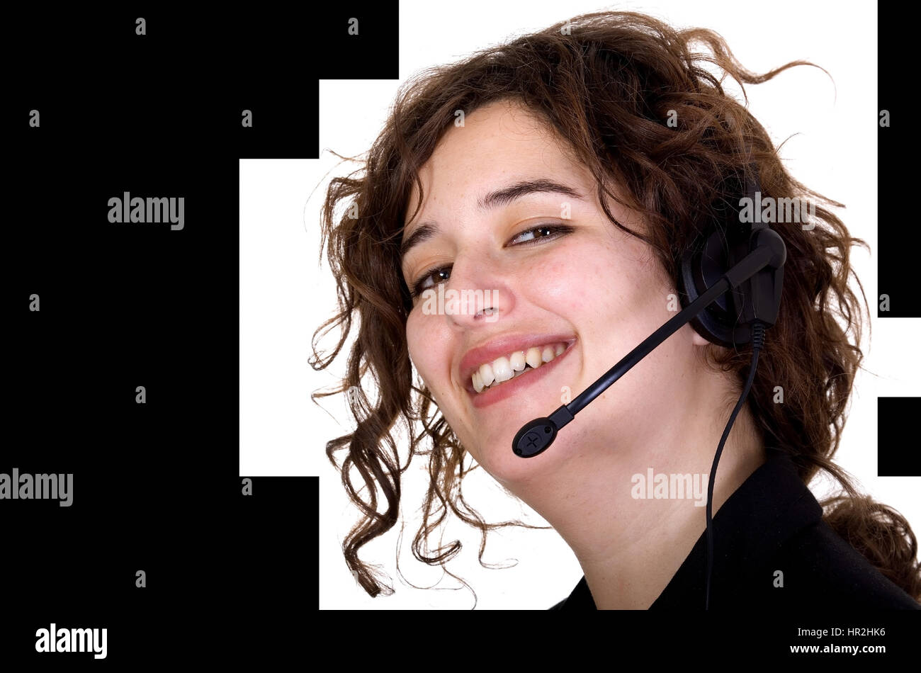 Customer service operator with a big smile over a white background ...