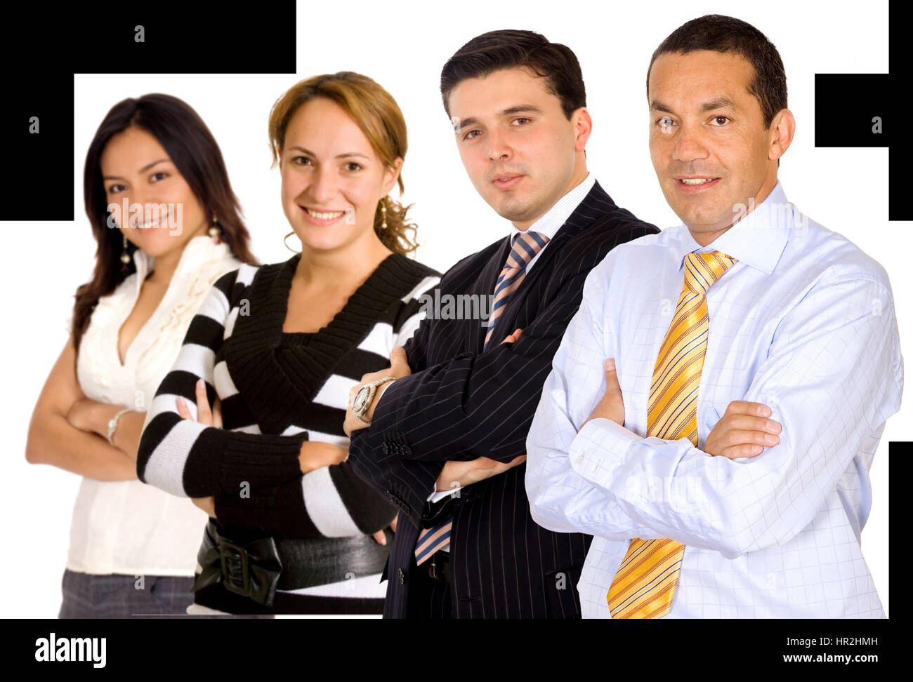 confident businessman leading a business team over a white background ...