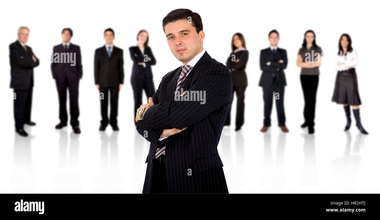 confident businessman leading a business team over a white background ...