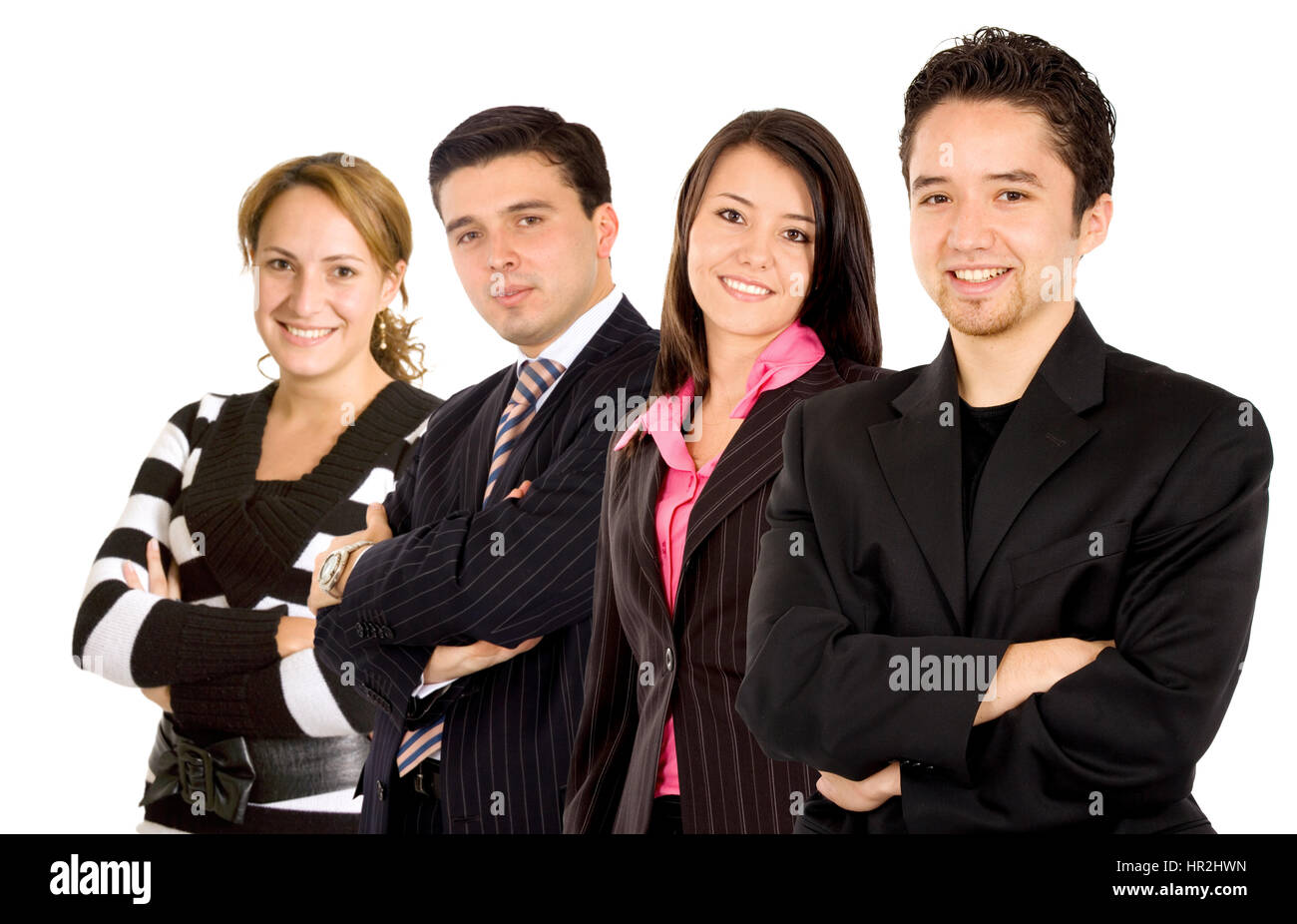 confident businessman leading a business team over a white background ...