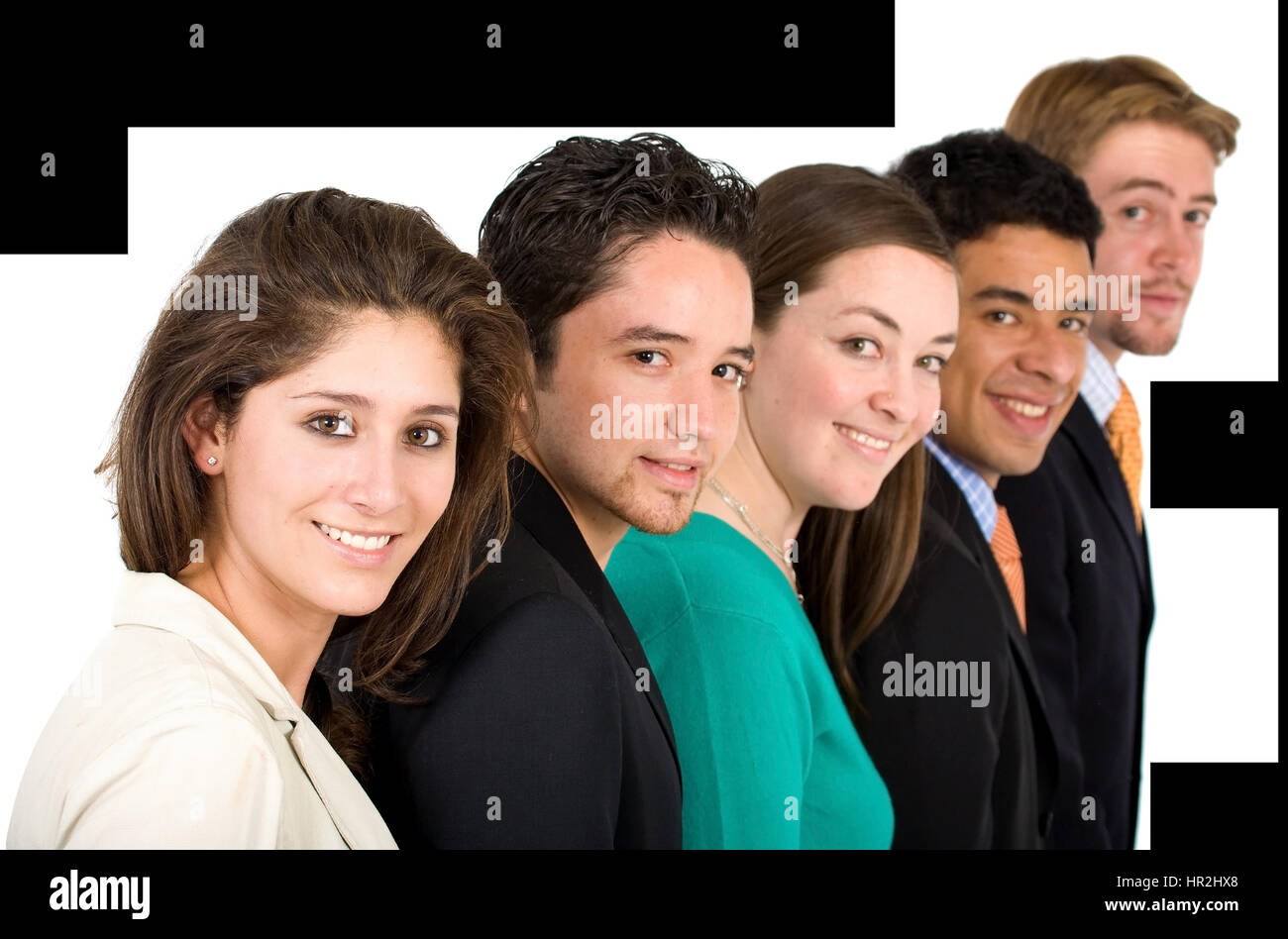 friendly business team - all smiling in a row over a white background ...