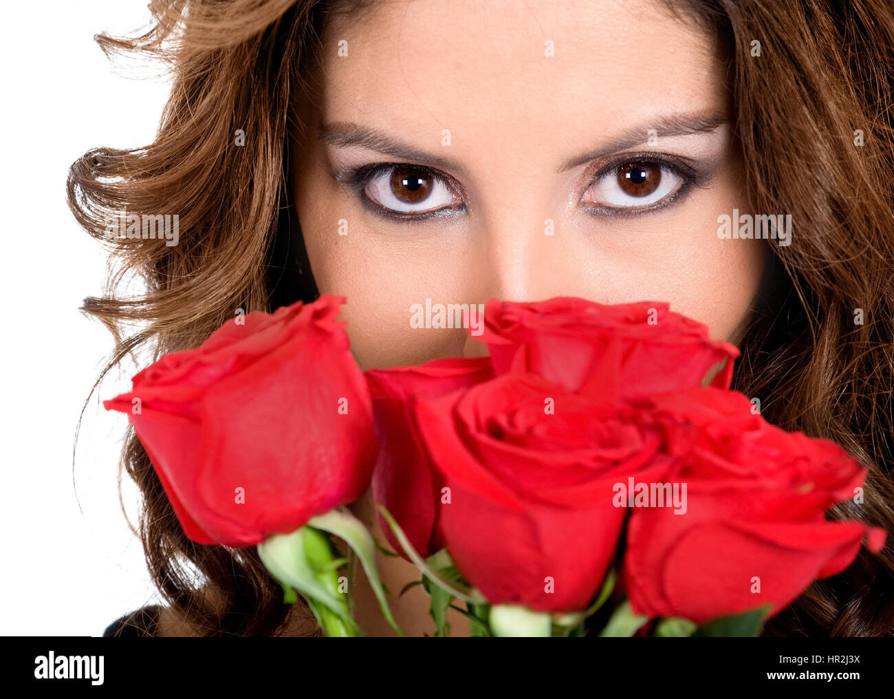 fashion portrait of girl with red roses over a white background Stock ...