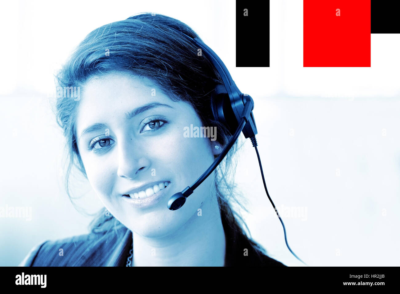 customer support center woman in an office smiling - blue tones Stock ...