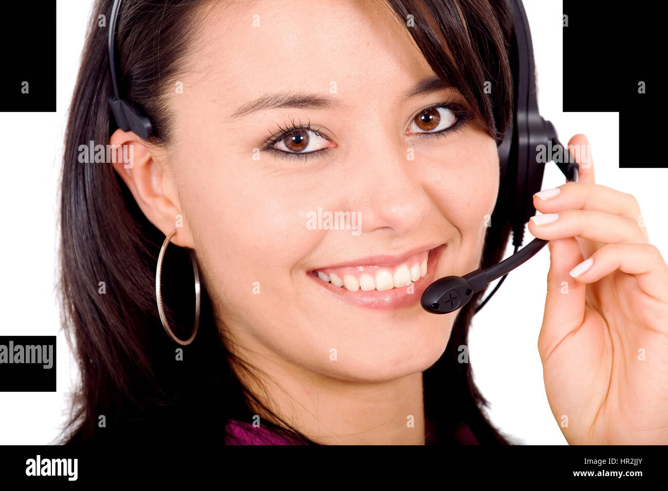 customer service girl smiling with hand on headset - isolated over a ...