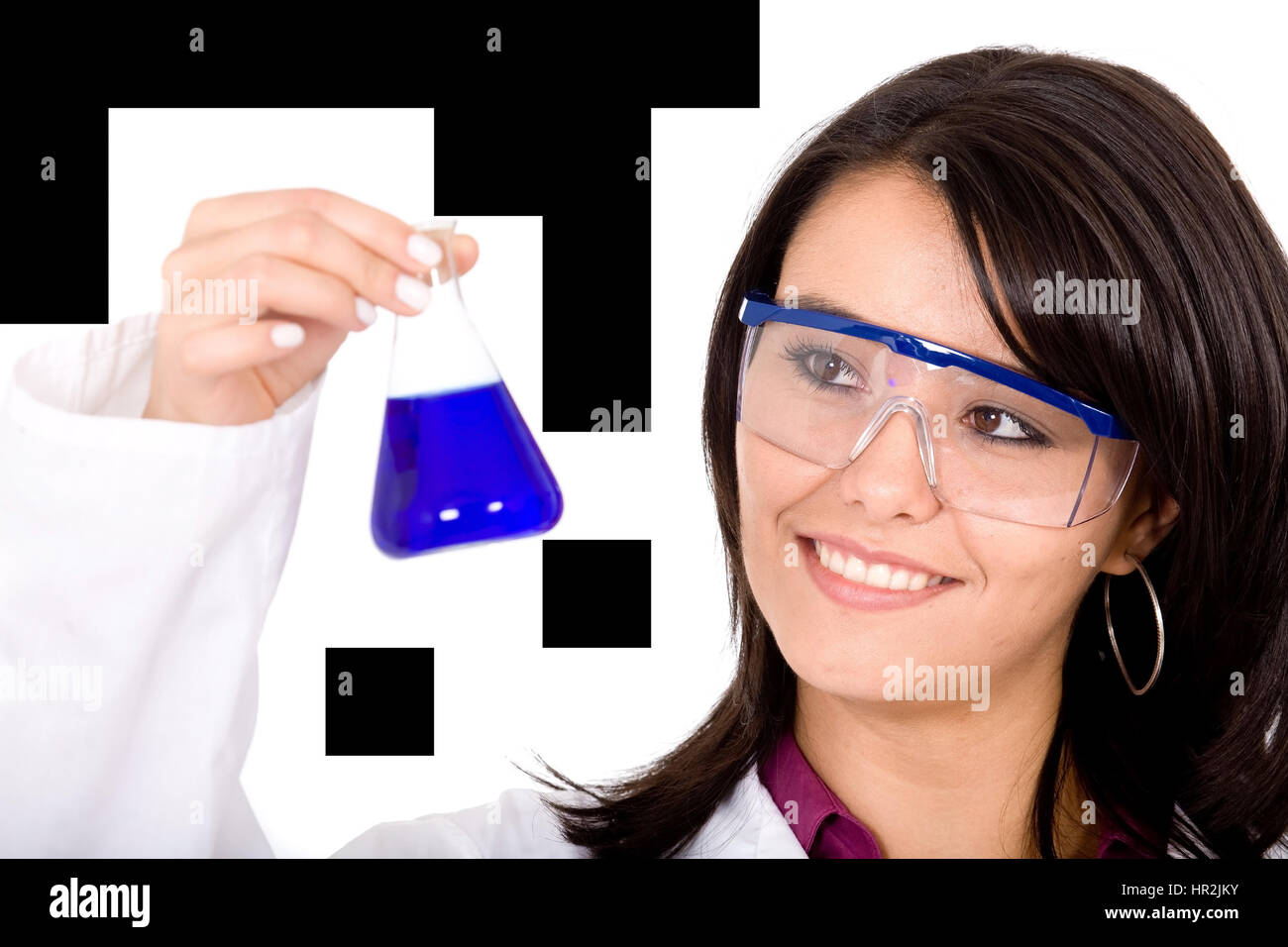 female girl in a laboratory holding a test tube isolated over a white ...