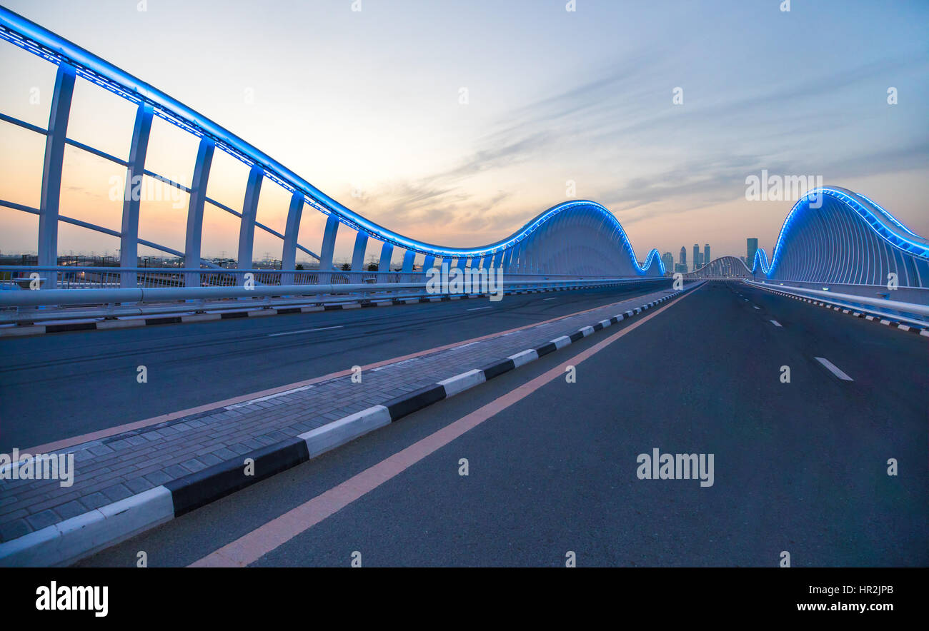 Dubai, UAE - Feb 8, 2017: View of Dubai Downtown from the Meydan bridge ...