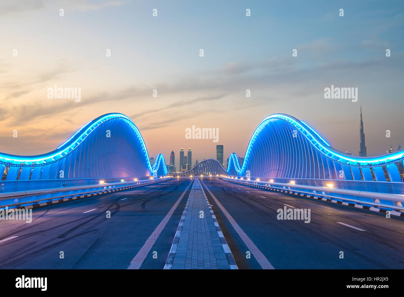 Dubai, UAE - Feb 8, 2017: View of Dubai Downtown from the Meydan bridge ...