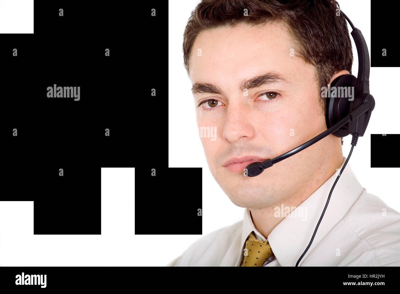 male customer service representative smiling over a white background ...