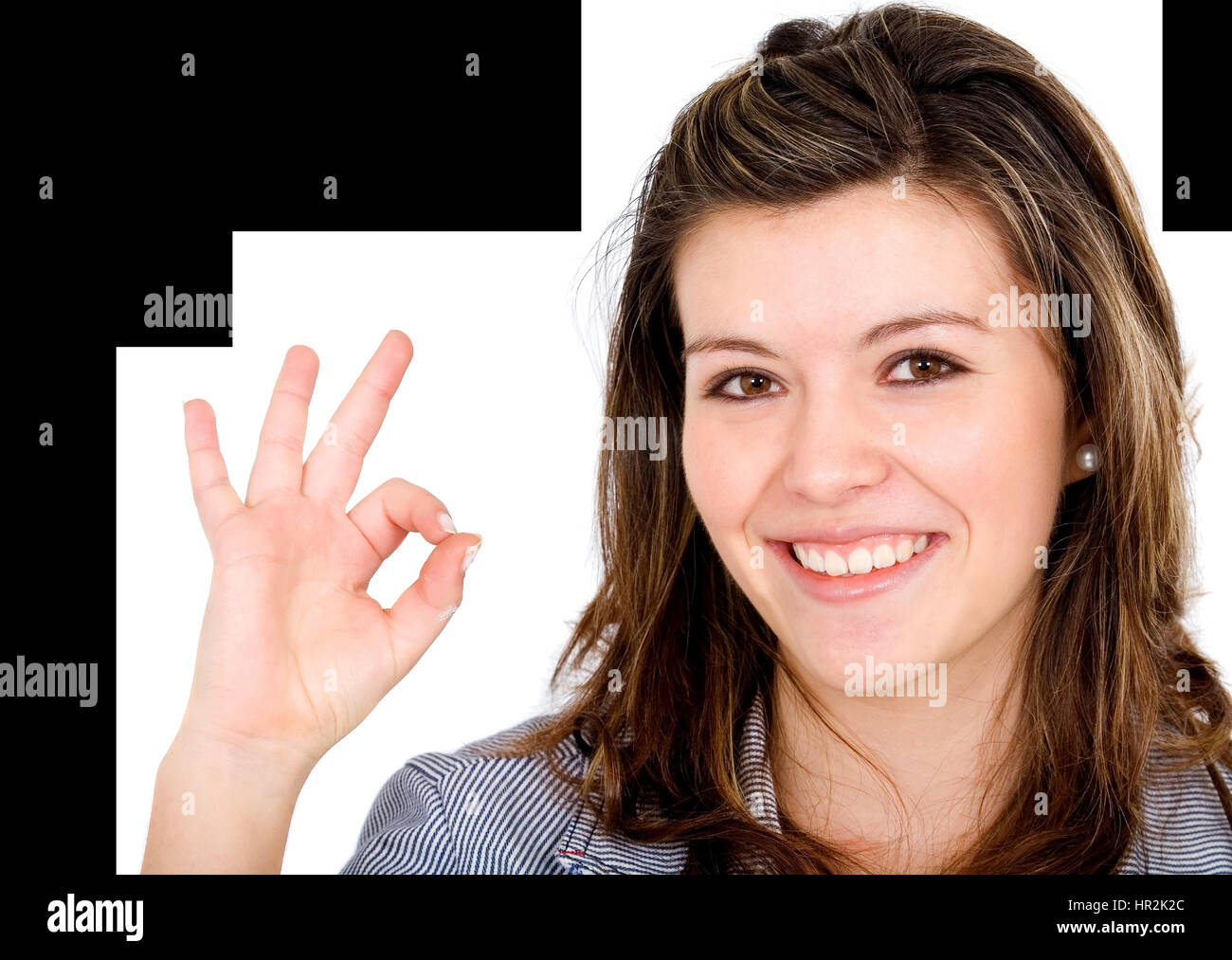 business woman smiling doing the okay sign over a white background ...