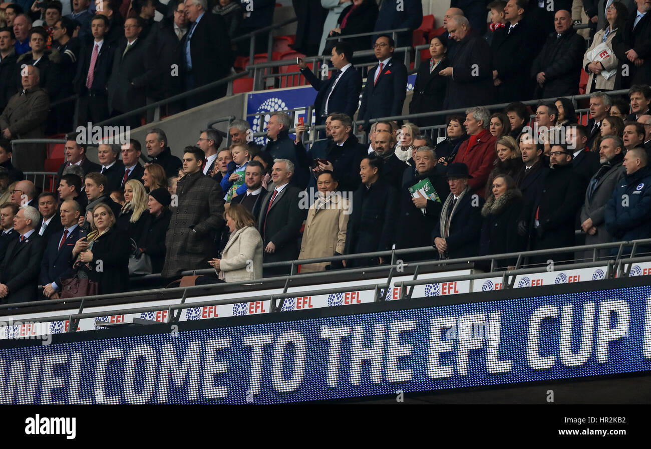 Fans in the stands and 'Welcome to the EFL cup Final' on a screen ...
