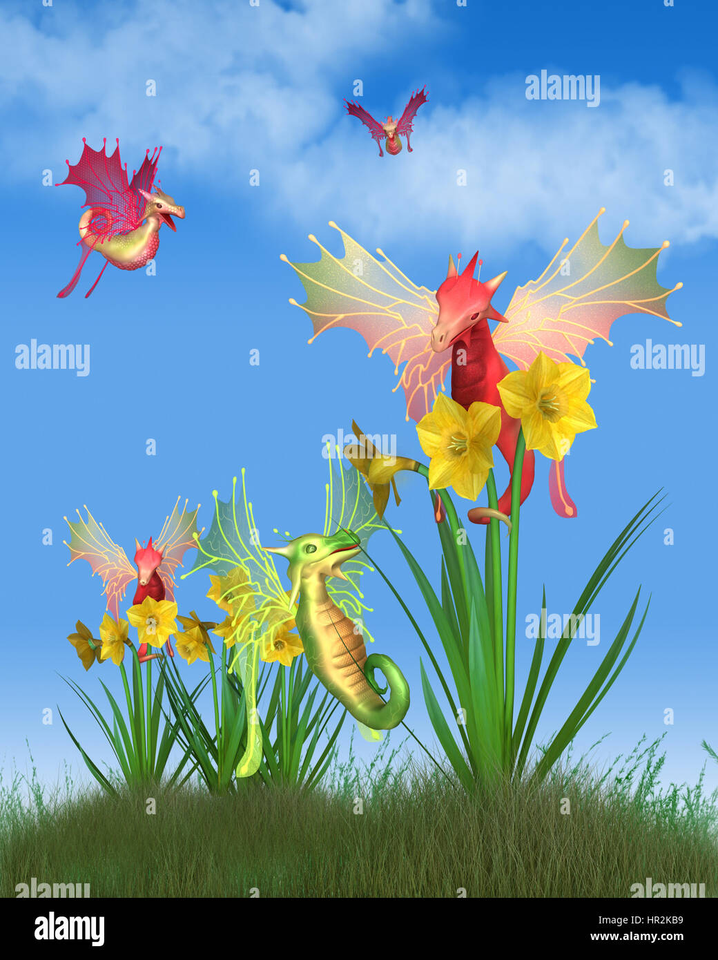 Fantasy illustration of cute red and green Welsh dragons flying around ...