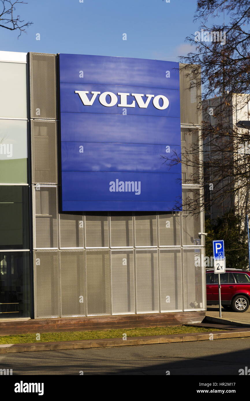 PRAGUE, CZECH REPUBLIC - FEBRUARY 25: Volvo car logo in front of ...
