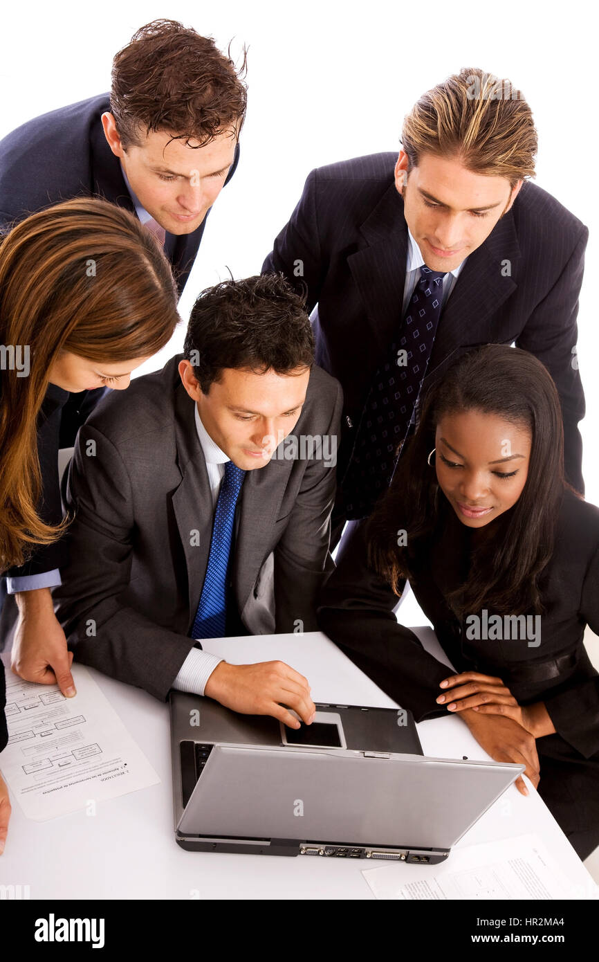 business team in a meeting on a laptop computer isolated Stock Photo ...