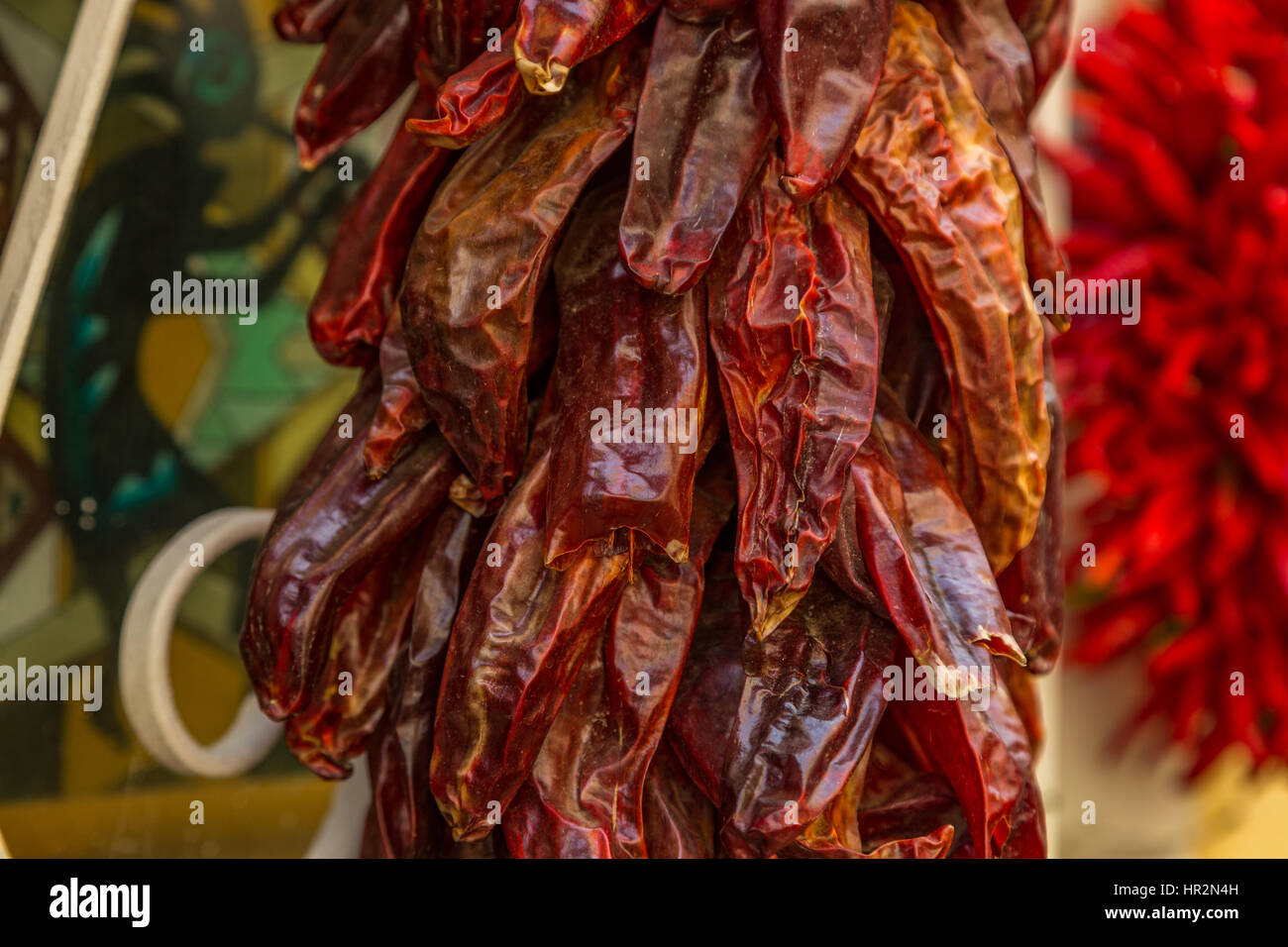 A ristra is an arrangement of drying chile pepper pods, garlic bulbs ...