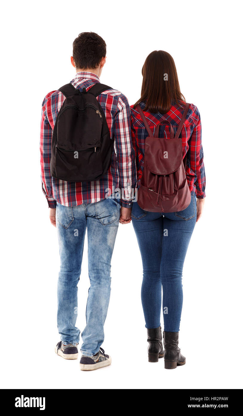 Two teenage students with backpacks ready for school isolated on white ...