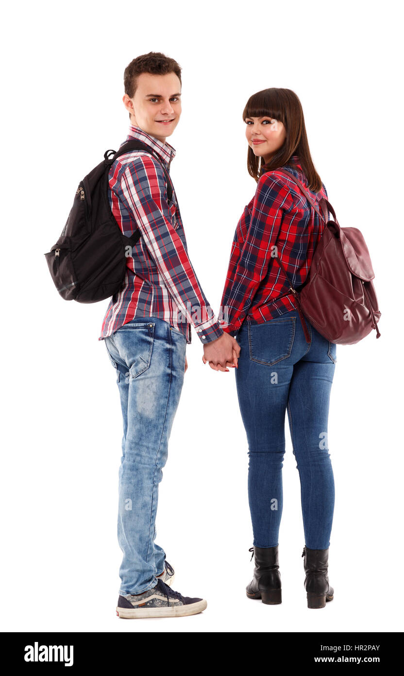 Two teenage students with backpacks ready for school isolated on white ...