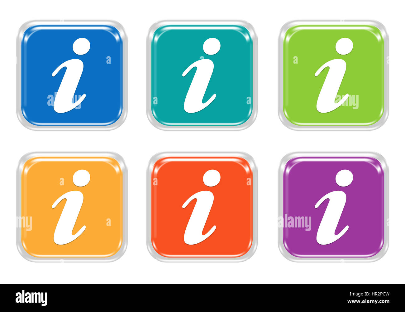 Set of squared colorful buttons with information symbol in blue, green ...