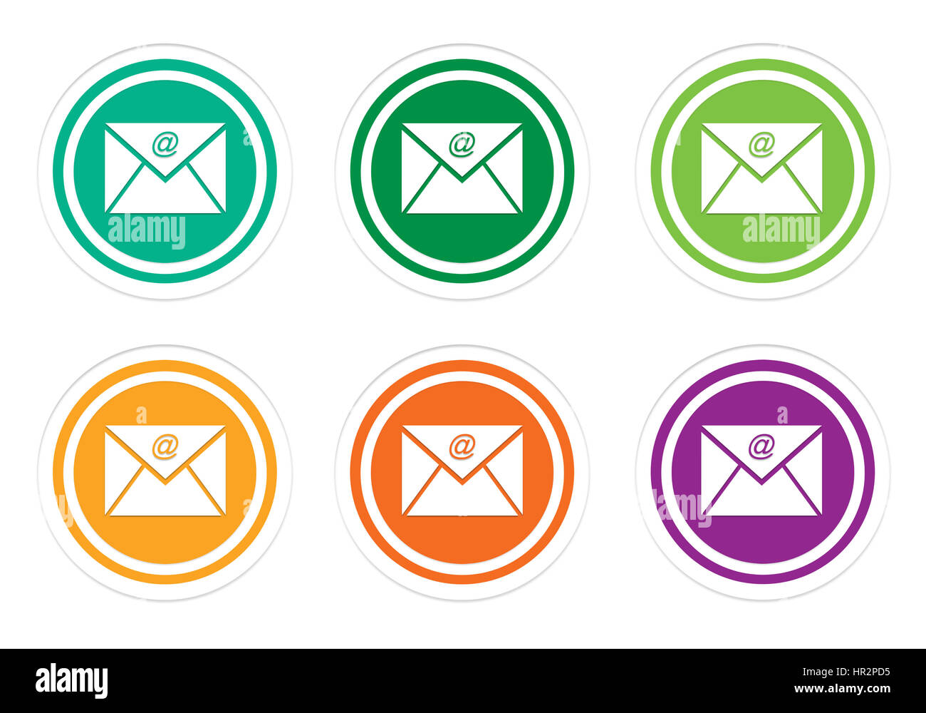 Set of rounded colorful icons with email symbol in green, yellow ...