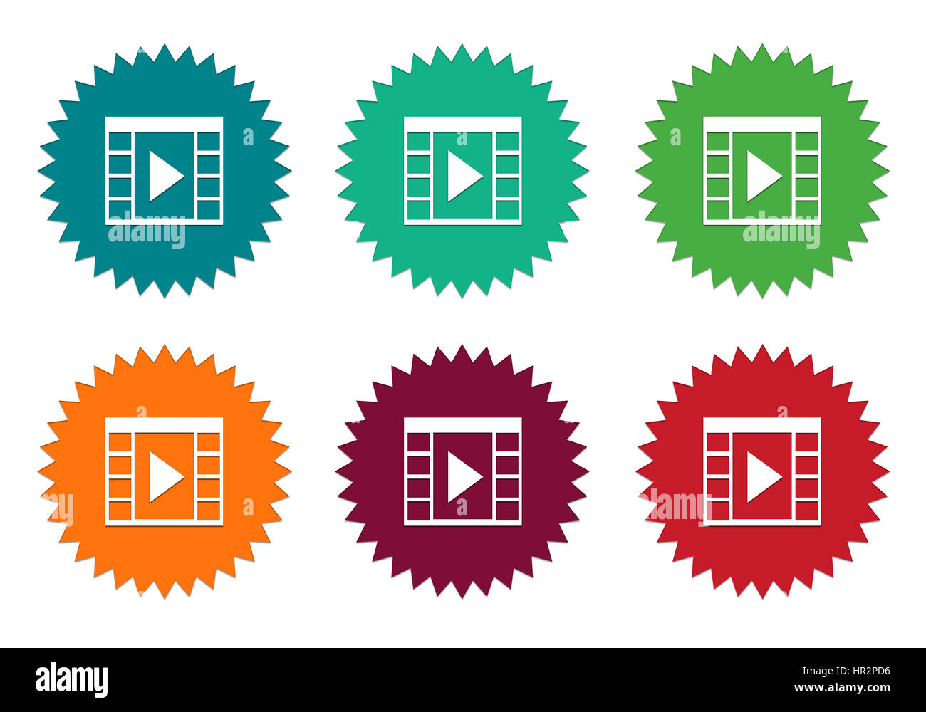 Set of colorful stickers icons with movie symbol in green, red, orange ...