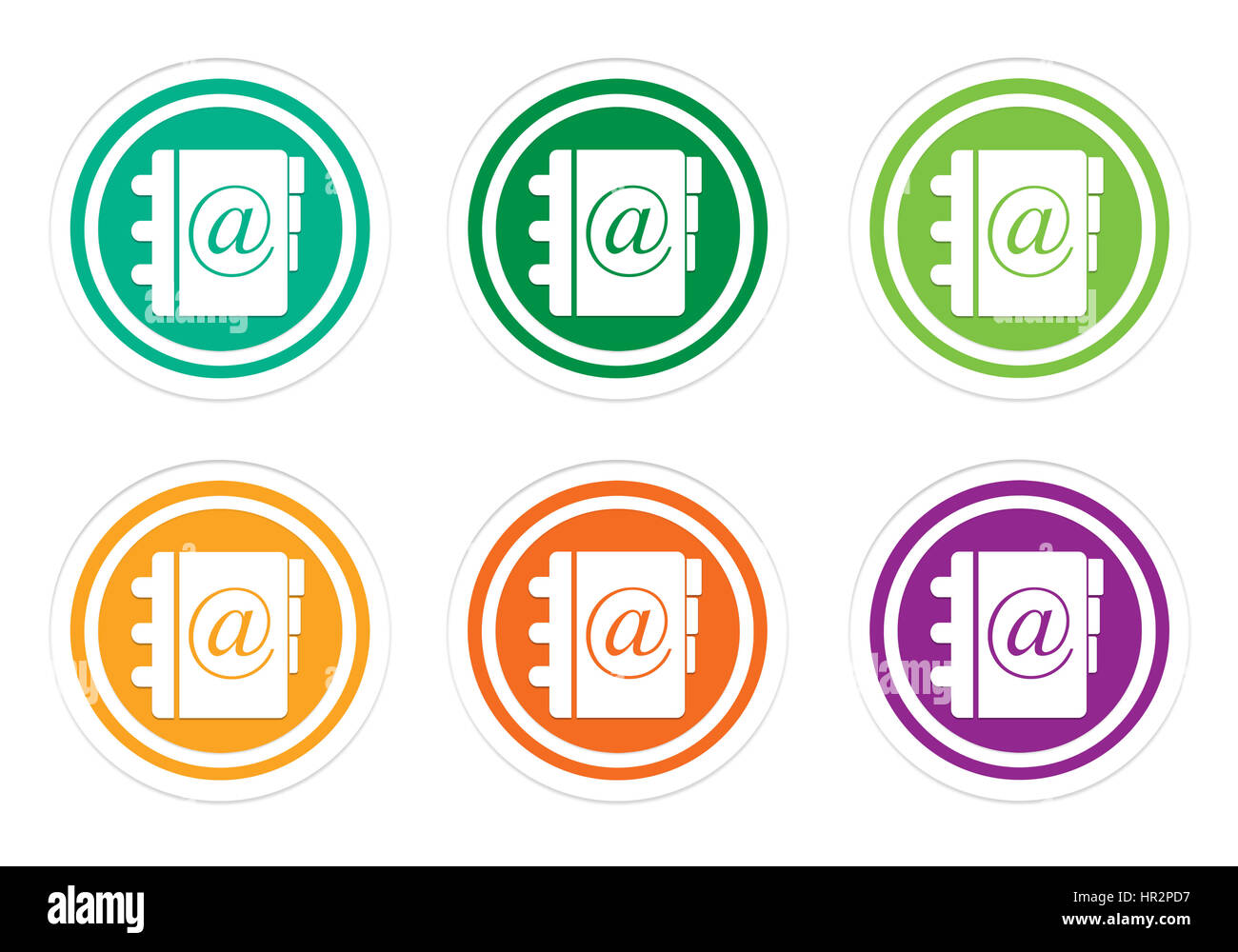 Set of rounded colorful icons with address book symbol in green, yellow ...