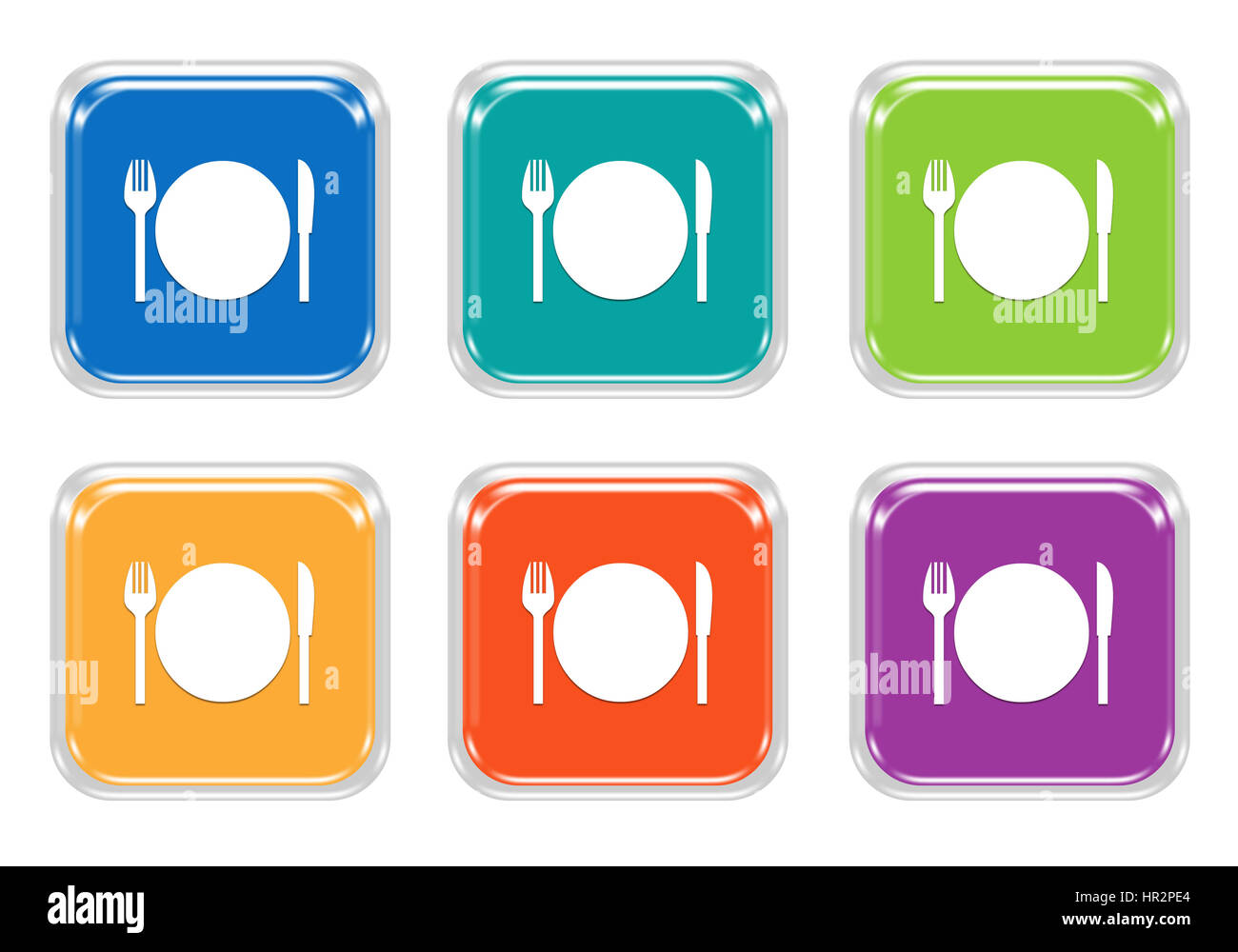 Set of squared colorful buttons with restaurant symbol in blue, green ...