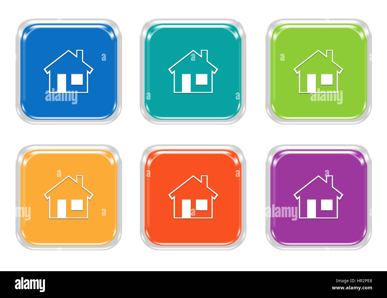 Set of squared colorful buttons with house symbol in blue, green ...