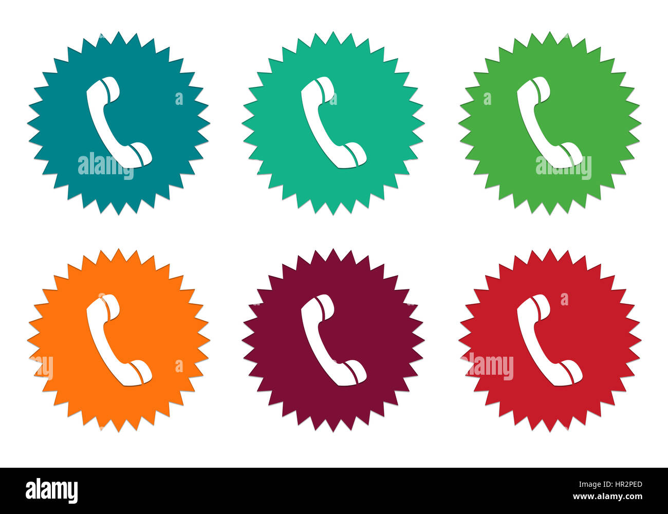 Set of colorful stickers icons with phone symbol in blue, green, red ...