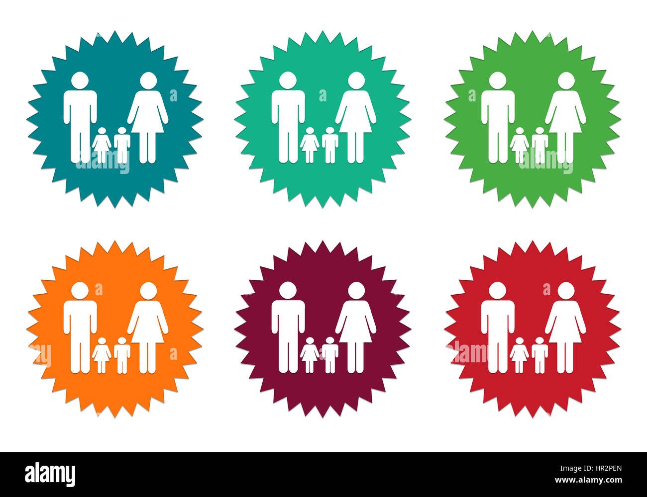 Set of colorful stickers icons with family symbol in blue, green, red ...