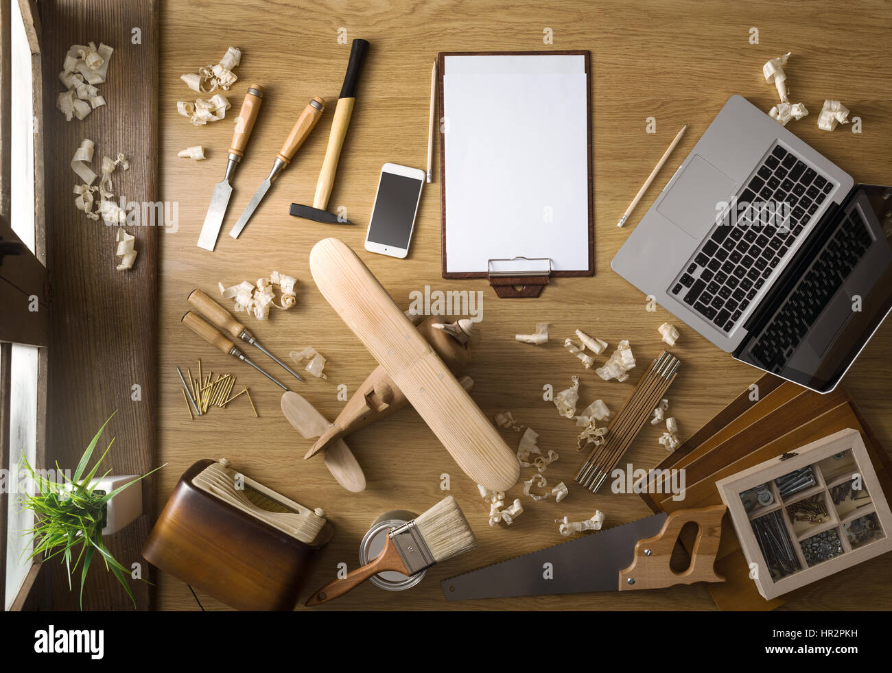 DIY project at home concept, work table with handmade wooden toy ...