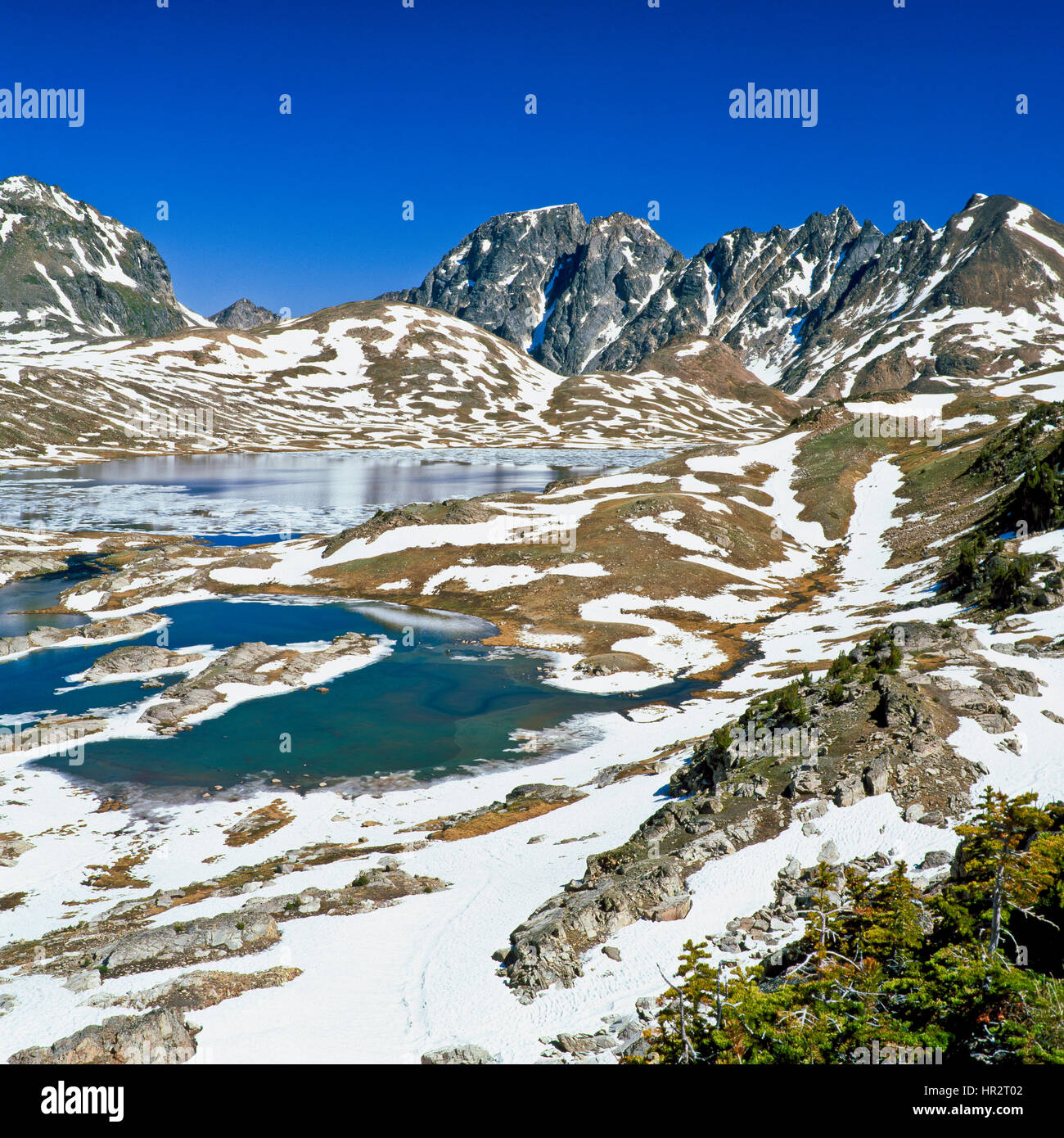 partially frozen goose lake and july snow below wolf mountain and the ...