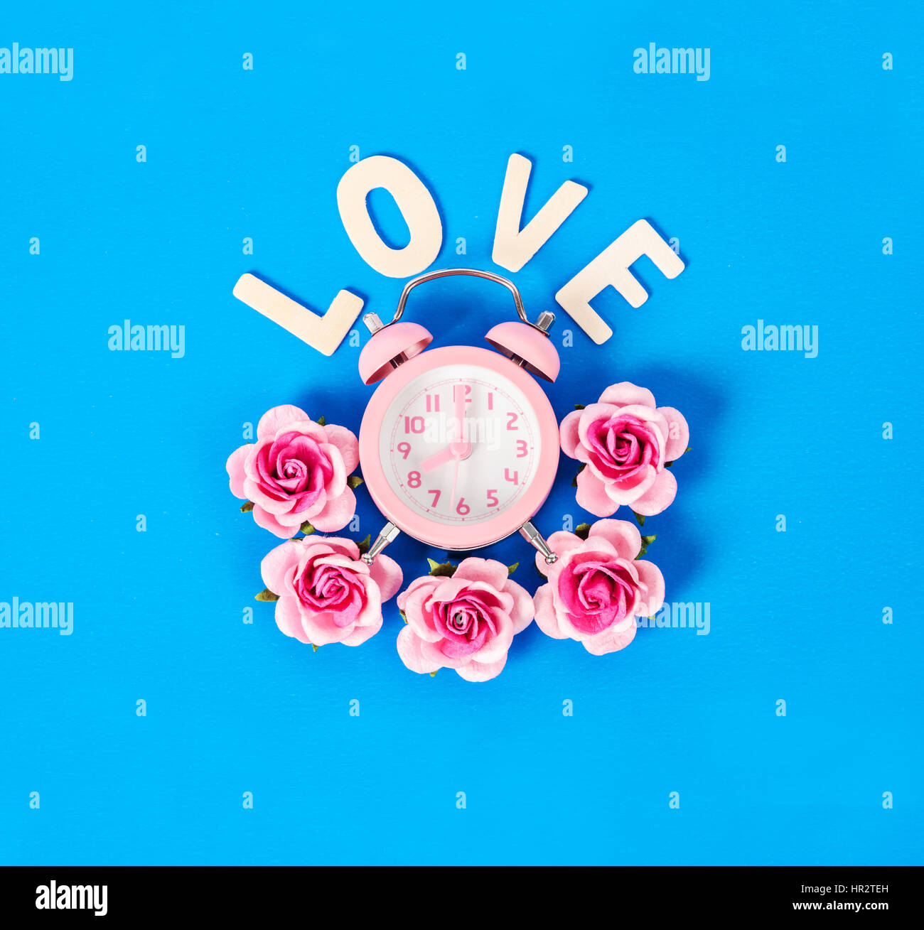 Pink alarm clock and pink rose with love word on blue color background ...
