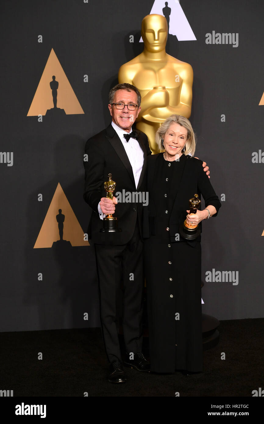 David Wasco and Sandy Reynolds-Wasco with the award for Production Design for La La Land in the ...