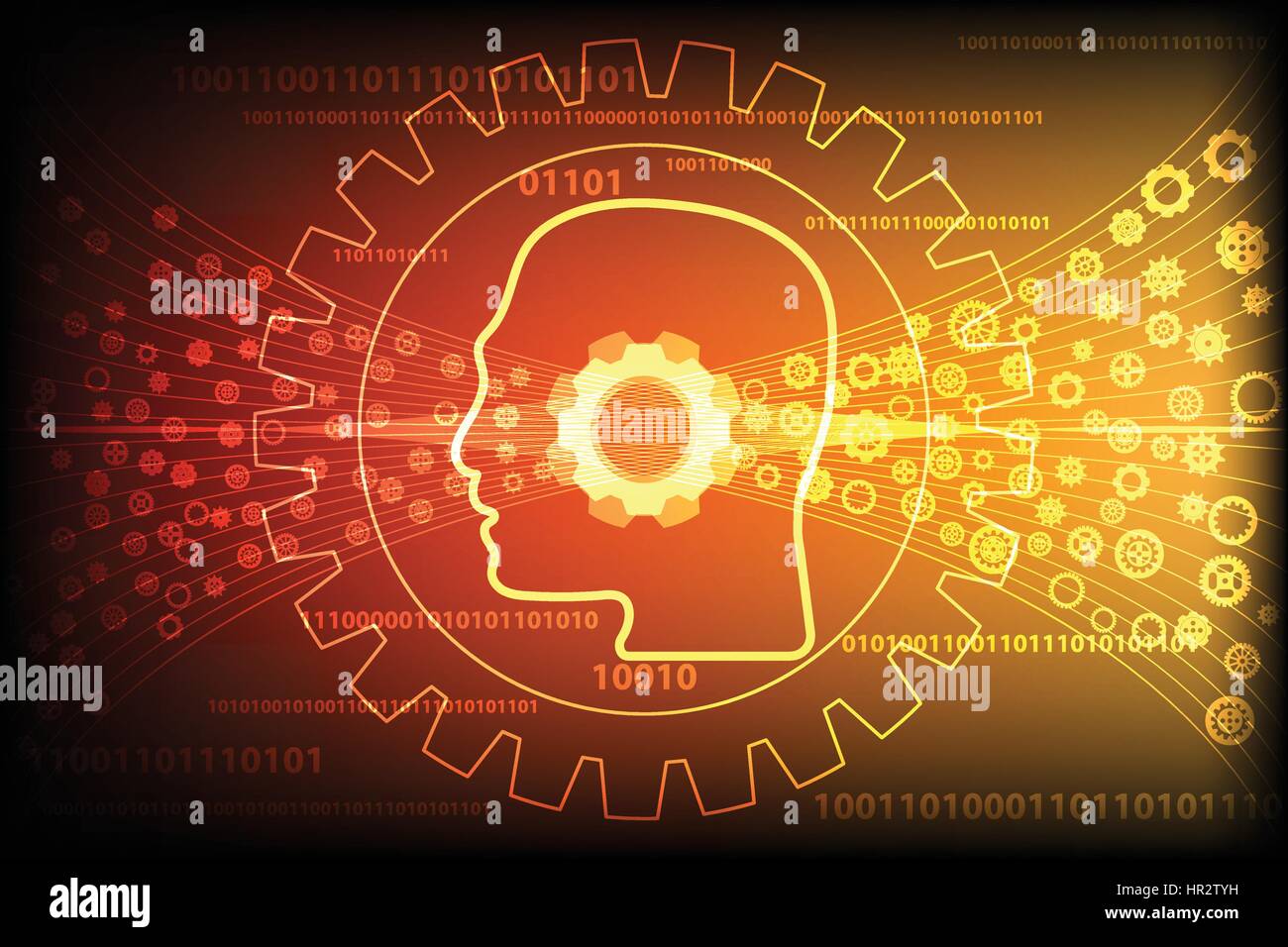 Gear wheel transform through human head silhouetted on gold background ...