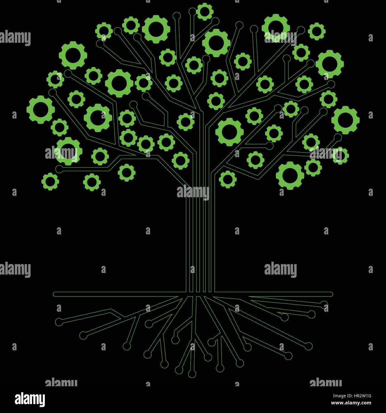 Tree of gear wheel in green color circuit style on black background ...