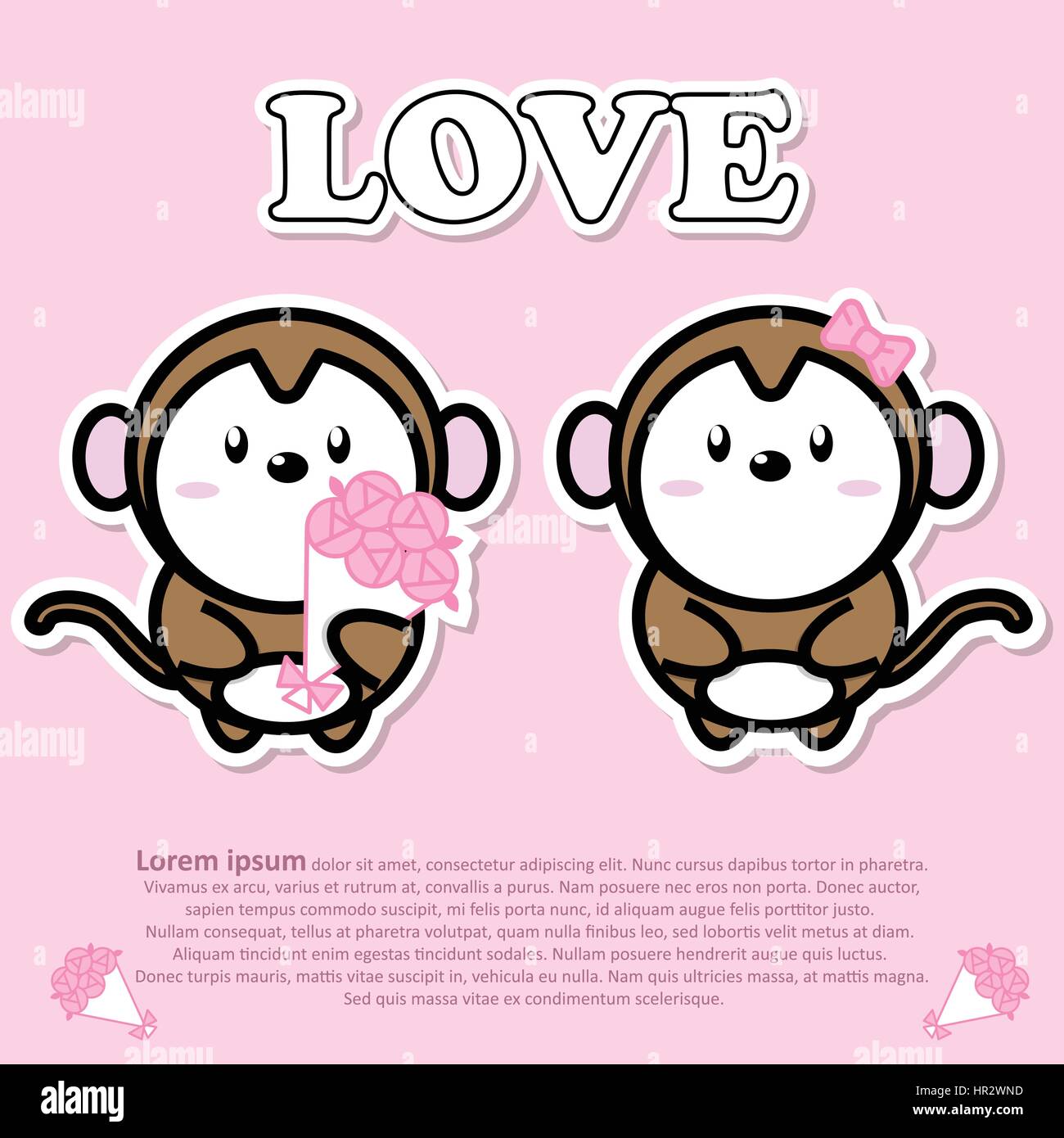 Lovely couple cute monkey with bouquet of pink rose in Valentine ...