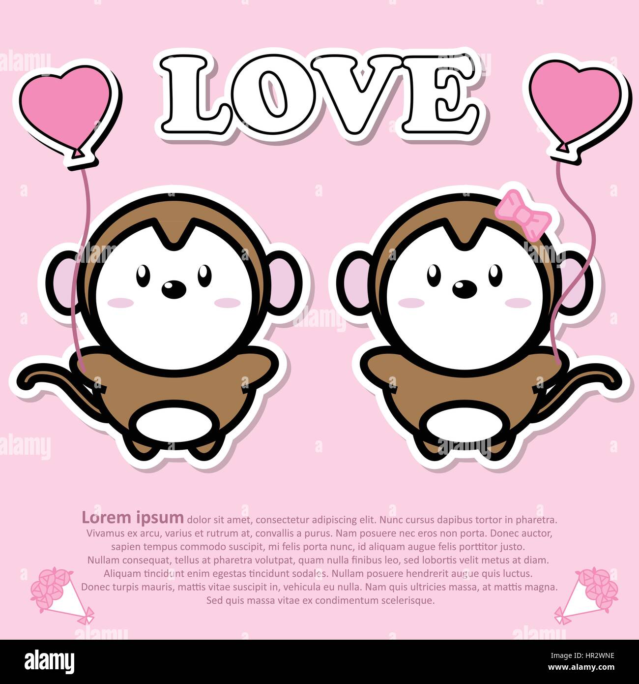 Lovely couple cute monkey with pink heart balloon in Valentine concept ...