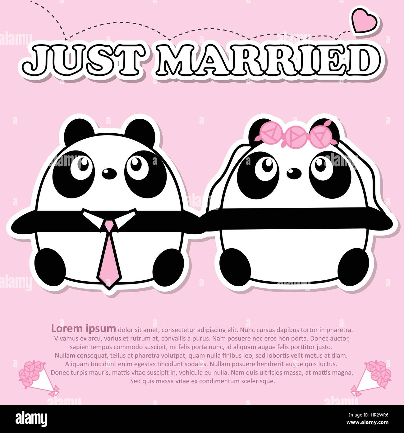 Lovely couple cute panda just married wear tie and bouquet of pink rose ...